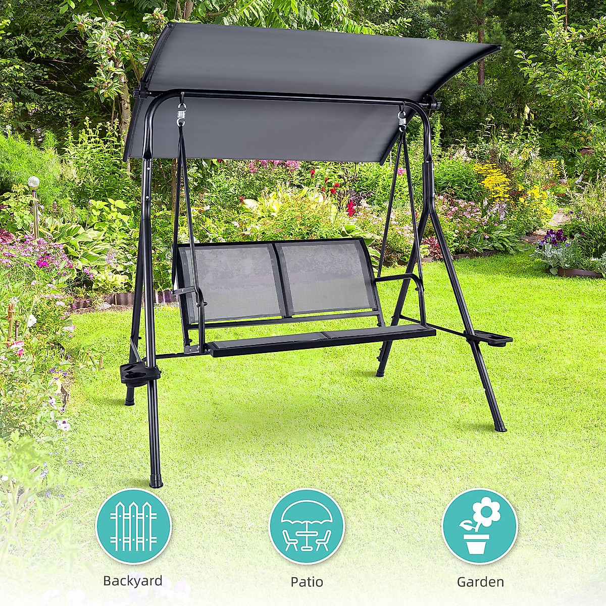 Backyard Expressions 2 Person Patio Swing with Grey Sling Fabric and Black Metal Frame - 450 lbs Weight Capacity