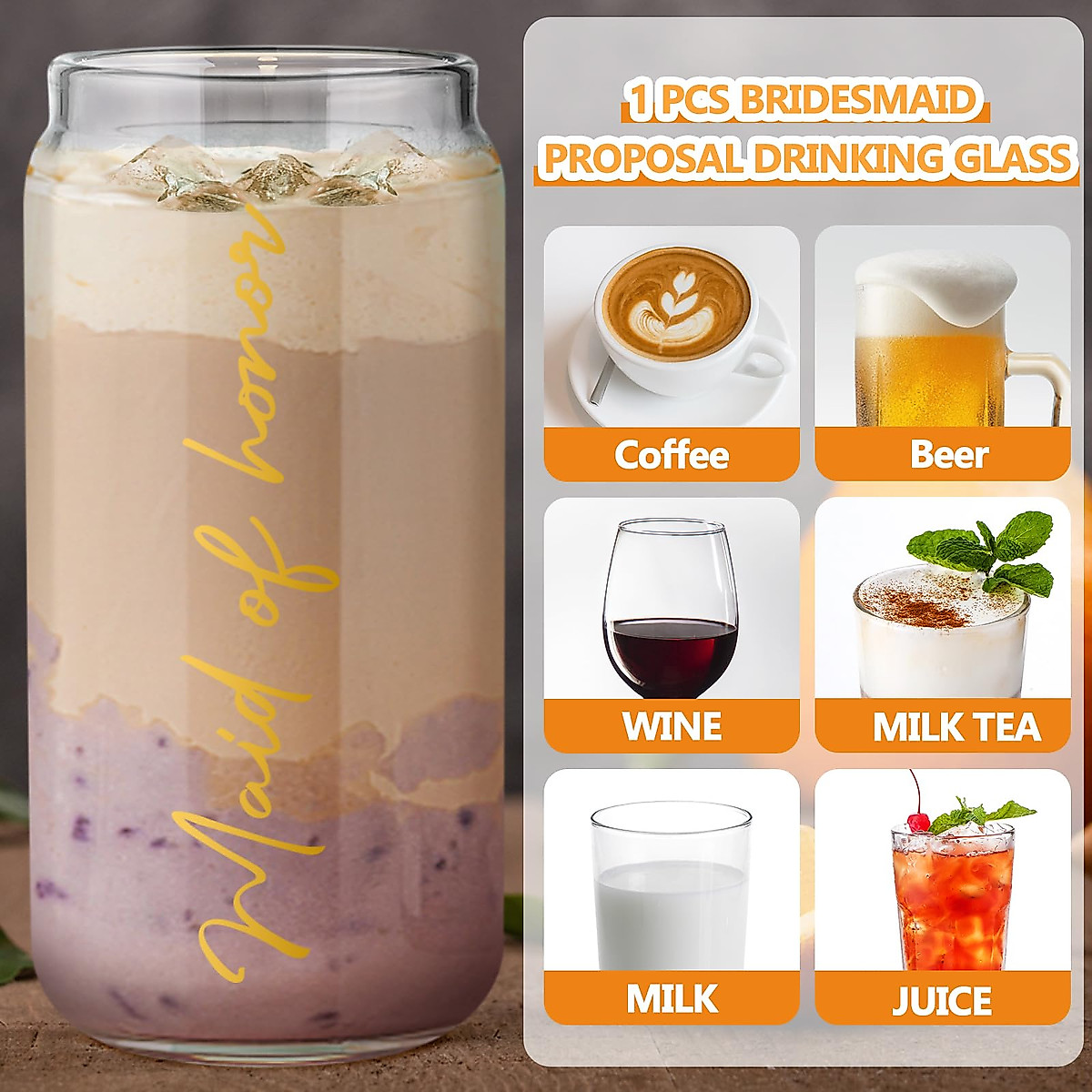 HOOMUU Maid of Honor Gifts - Bridesmaid Gifts for Maid of Honor Proposal Gifts - Wedding Gifts for Bachelorette Bridal Shower Engagement Wedding Party - 16 Oz Drinking Glass Cup