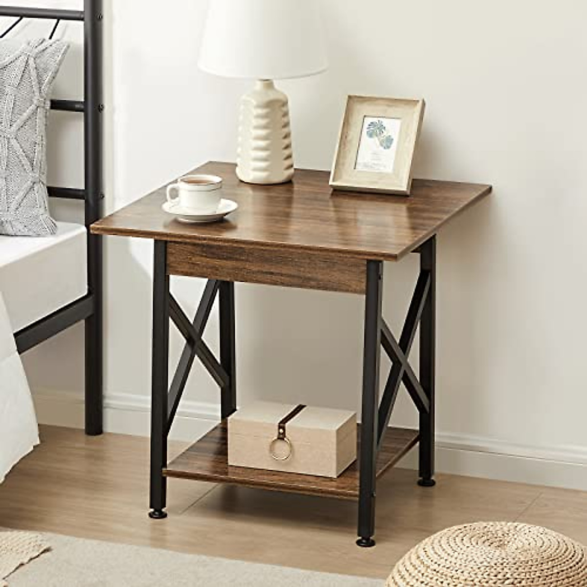 GreenForest End Table 24 inch Industrial Design Large Side Table with Storage Shelf for Living Room, Easy Assembly, Rustic Walnut