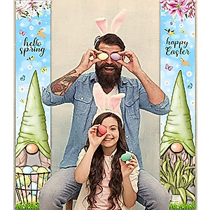 Easter Porch Sign Banner-Easter Gnomes Decoration Hello Spring Happy Easter Door Hanging Banner Outdoor Easter Party Supplies Photo Props for Porch
