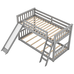 Harper & Bright Designs Low Bunk Bed for Kids, Solid Wood Twin Over Twin Floor Bunk Bed with Slide and Angle Ladders, Twin Bunk Bed for Kids Toddlers Teens (New, Gray)
