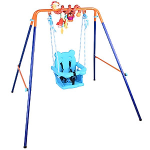 DRM Folding Toddler Swing with Spiral Hanging Toys - Heavy-Duty Indoor Outdoor Baby/Child Swing Set with Safety Seat for 9-36 Months Old