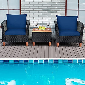 HAPPYGRILL 3 Pieces Patio Conversation Set PE Rattan Wicker Sofa Set with Cushions, Outdoor Furniture Set with Acacia Wood Coffee Table for Balcony Backyard Porch Garden