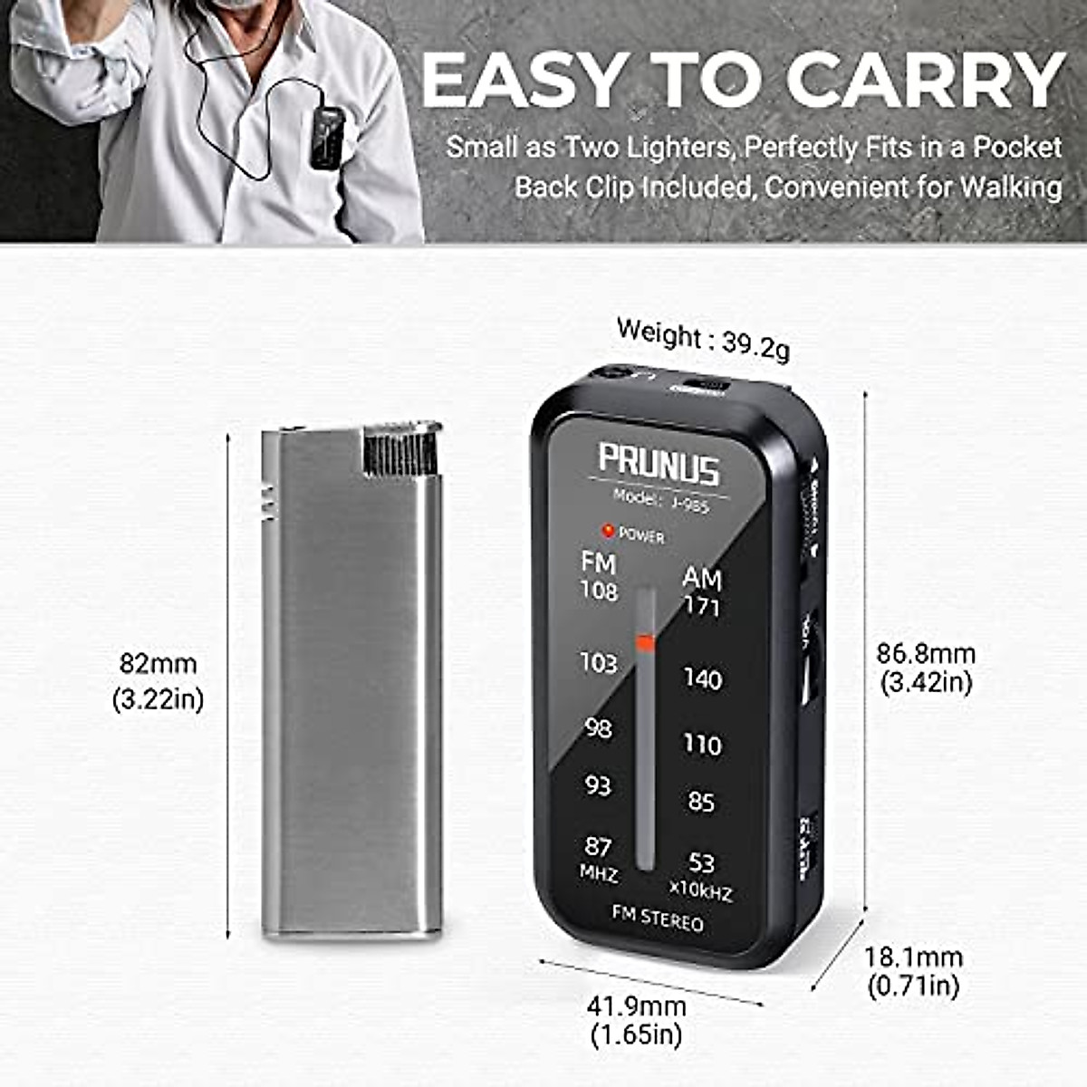 Pocket Radio Mini AM FM Stereo Radio Portable Battery Operated Radio, Includes Headphones, with Back Clip and Signal Indicator, Operated by AAA Batteries for Walking and Jogging, J-985 by PRUNUS