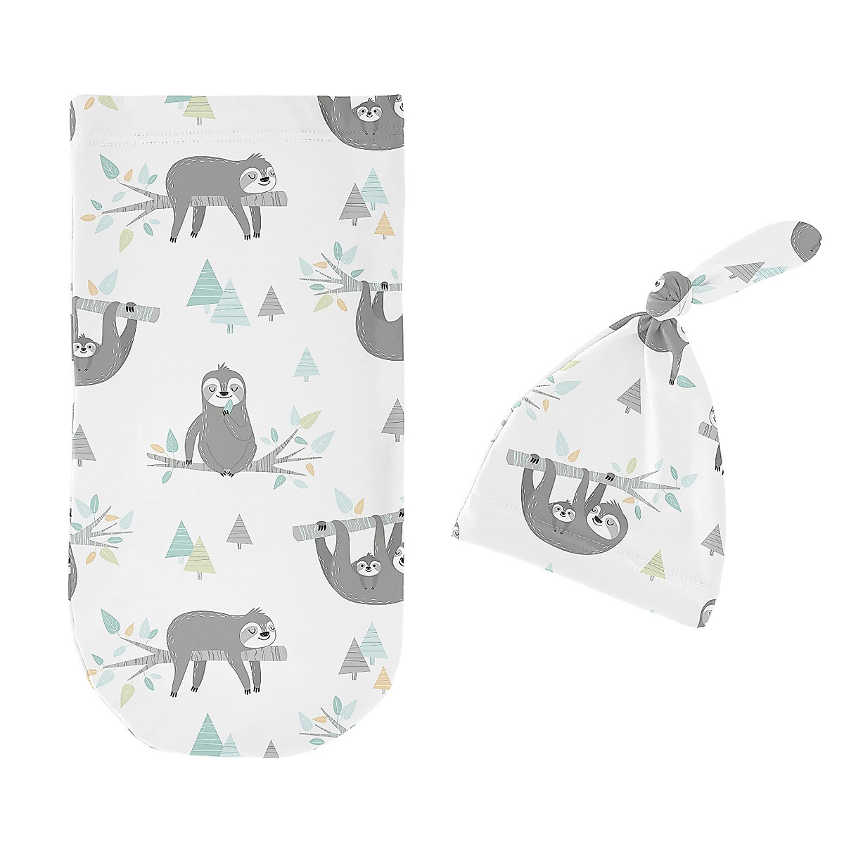 Sweet Jojo Designs Blue Jungle Sloth Baby Boy or Girl Cocoon and Beanie Hat Set Jersey Stretch Knit Sleeping Bag Infant Newborn Nursery Sleep Wrap Sack - Turquoise Grey Green Botanical Rainforest Leaf