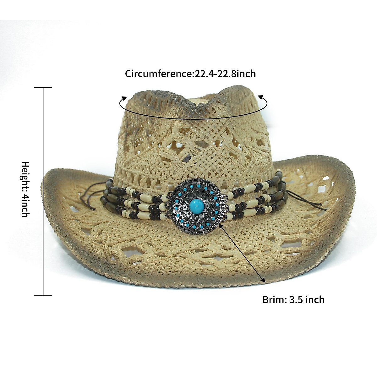 Western Toyo Straw Cowboy Hat, Shapeable w/Stylish Beaded Concho Band