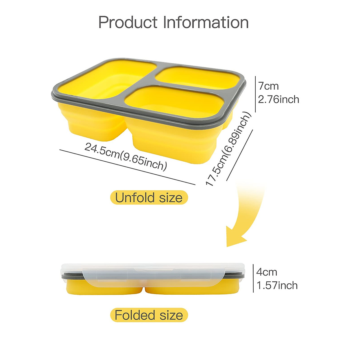 fancyfree Collapsible Silicone Benton Container, Leakproof Lunch Box with 3 Compartments, BPA Free Safe Food Storage Organizer (Yellow)