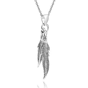 AeraVida Unisex Double Etched Feather Sterling Silver Dangle Necklace