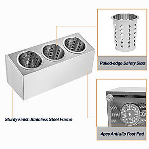 DNYSYSJ Commercial Utensil Holder, 3-Hole Stainless Steel Cylinder Flatware Silverware Utensil Holder Organizer Countertop Forks Spoons Knife Utensil Caddy Compact Cutlery Organizer