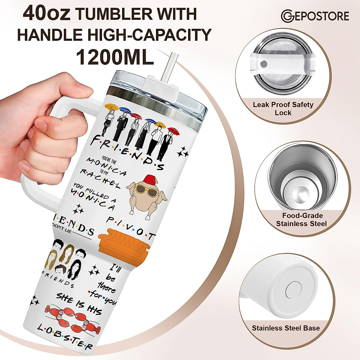 GEPOSTORE Christmas Gifts for Men Women, Friendship 40oz Tumbler with Handle, Funny Movie Character Travel Cup, Birthday Gifts for Movie Lover