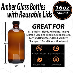 (2 Pack) - 16 oz Amber Glass Boston Round Bottles with Black 28-400 Airtight Phenolic Polycone Caps - Perfect Glass Containers for Secondary Fermentation, Storing condiment, Homemade Essential Oils