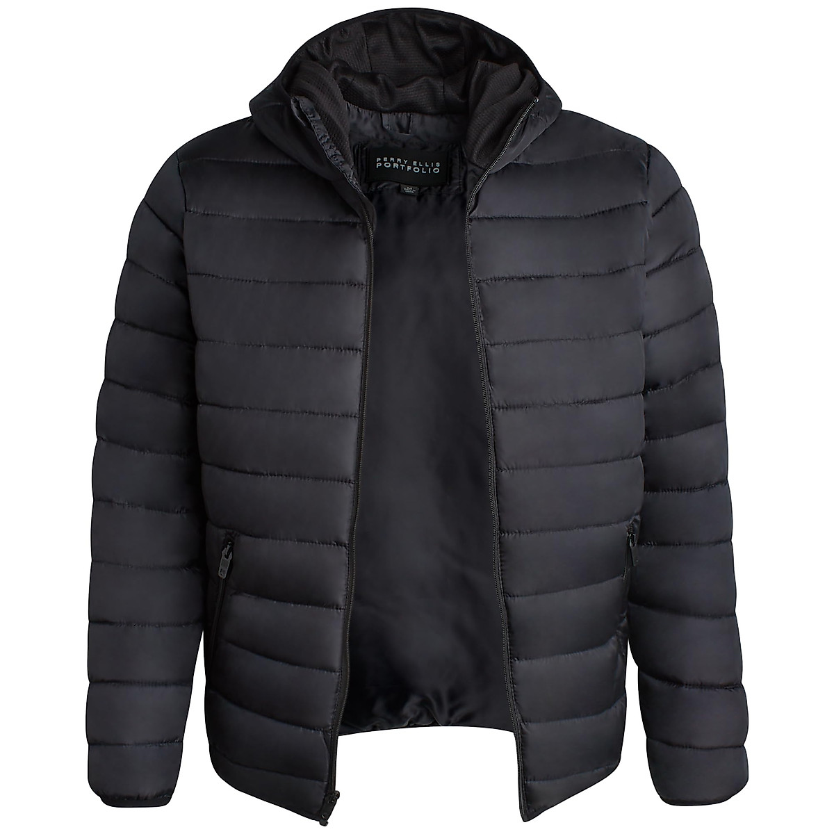 Perry Ellis Men's Winter Jacket - Soft Fleece Quilted Packable Puffer Hooded Down Jackets - Winter Jackets for Men (S-XXL), Size Large, Ink Black
