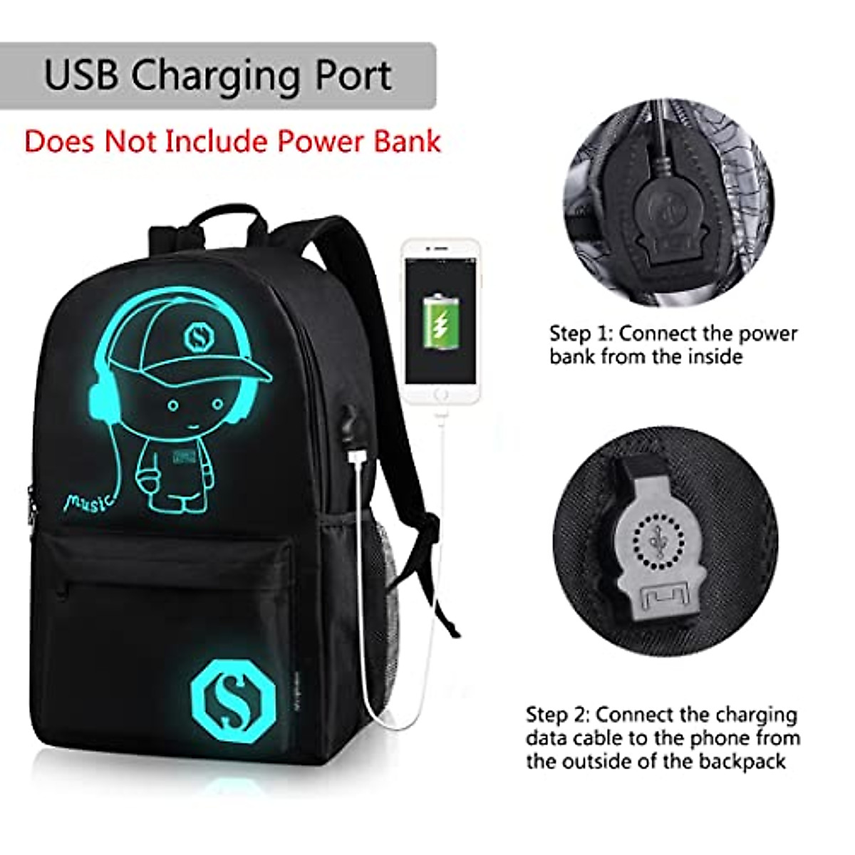 Lmeison Boys Backpack for School, Anime Cartoon Luminous Backpack with Lunch Box Pencil Case, Waterproof School Bookbag for Teen Girls, Laptop Backpack for Middle School High School, College, Black