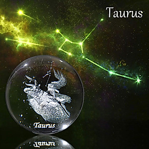 HDCRYSTALGIFTS 3D Laser Constellation Crystal Ball Crystal Paperweight Full Sphere Glass Fengshui with Sliver-Plated Flowering Stand(Taurus)