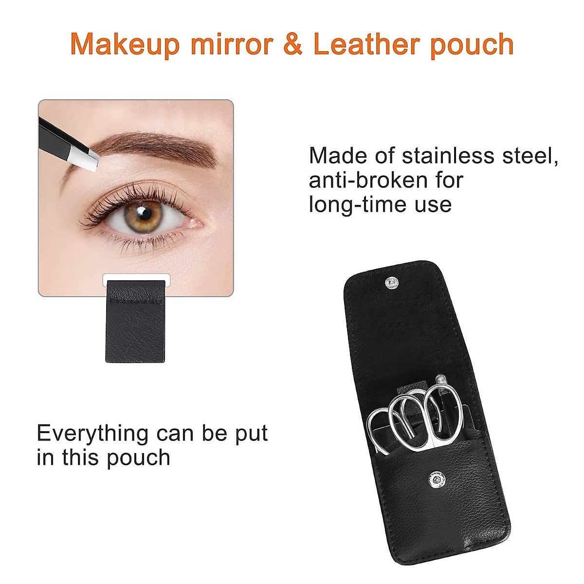 Nose Hair Scissors, Ear Hair Facial Hair Scissors, Eyebrow Grooming Scissors, Stainless Steel Small Beauty Trimming Scissors, Curved and Rounded Scissors, Mirror, Travel Case, Tweezer, Men and Women