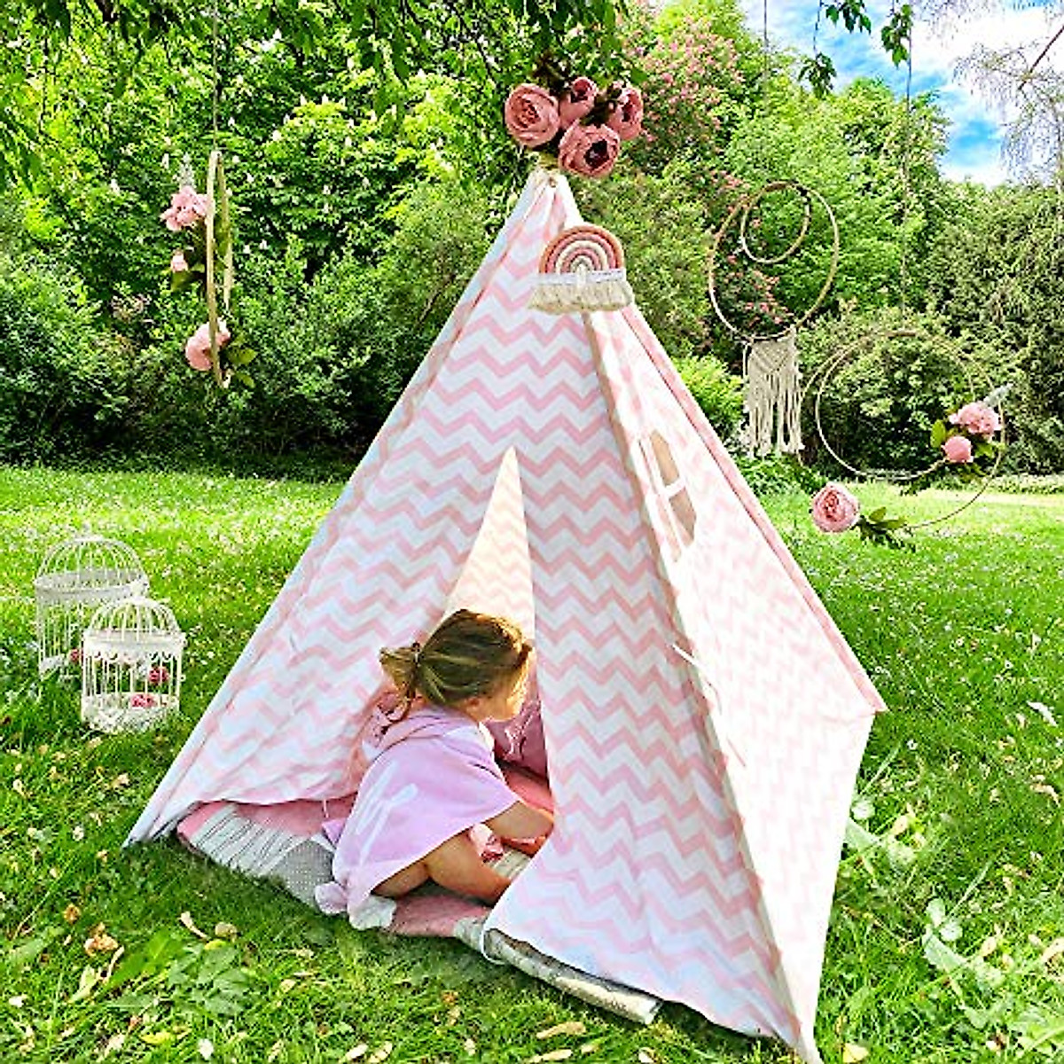 Tiny Land Kids Teepee with Mat and Star Lights, Teepee Tent for Girls Aged 3+, Cotton Girls Play Tent, Foldable Toddler Tent Indoor, Best Gift for Girls (Pink)