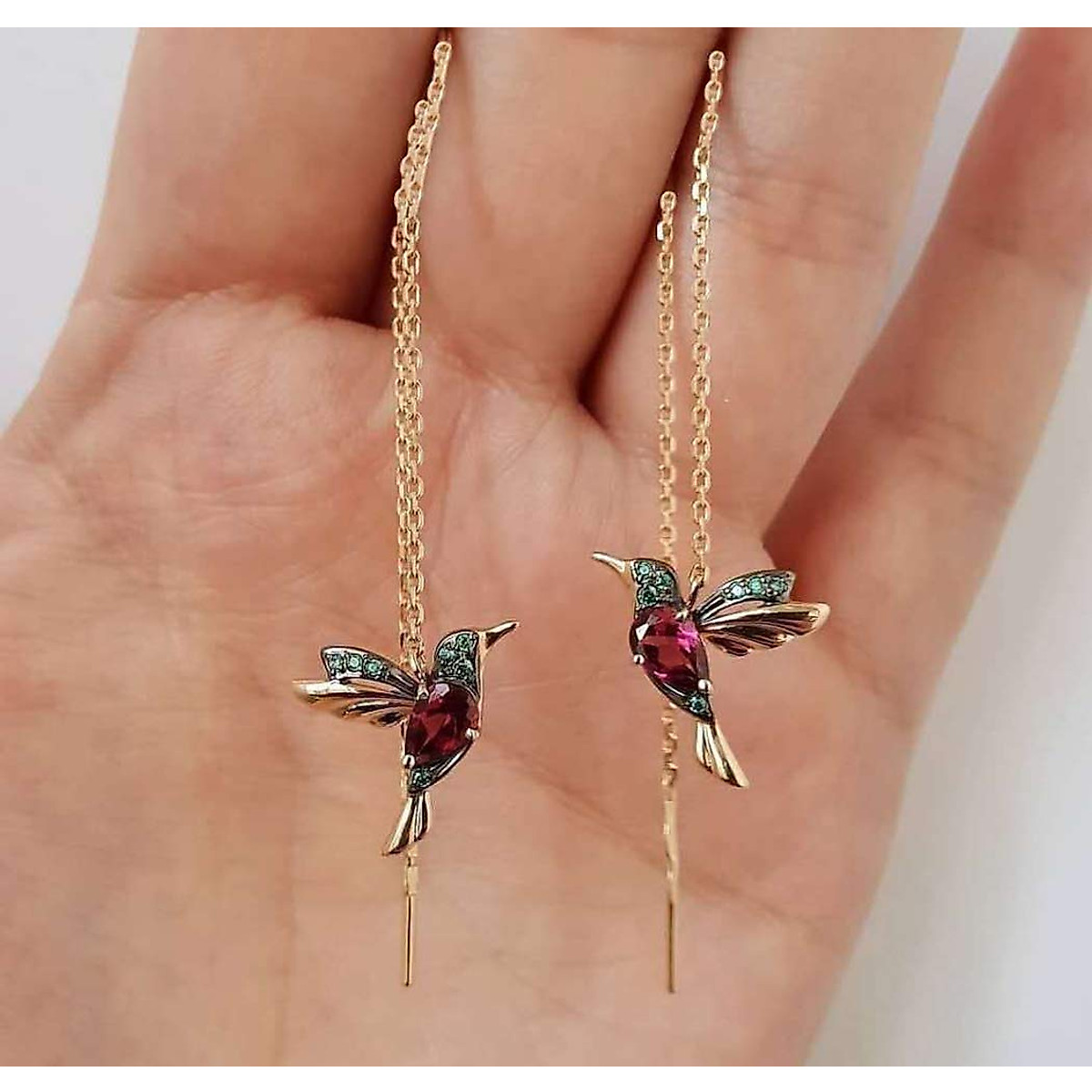 Cuteshop Gold Hummingbird Threader Earrings Hoop Earrings-Elegant Rhinestone Hummingbird Long Chain Dangle Drop Earrings for Women Girls (Red)