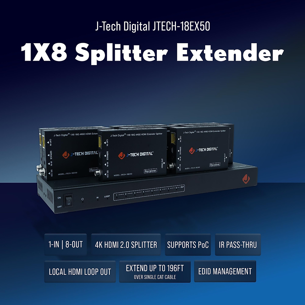 HDMI 2.0 4K Extender Splitter Over Single Cable CAT6 with PoC Up to 196 FT 1-in 8-Out w/Local Loop Output & Low Latency by J-Tech Digital [JTECH-18EX50]