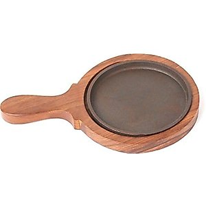 Sahishnu Online And Marketing Fajita Plate Set, Round Sizzling Brownie Sizzler Plate/Tray with Wooden Base Round Handle