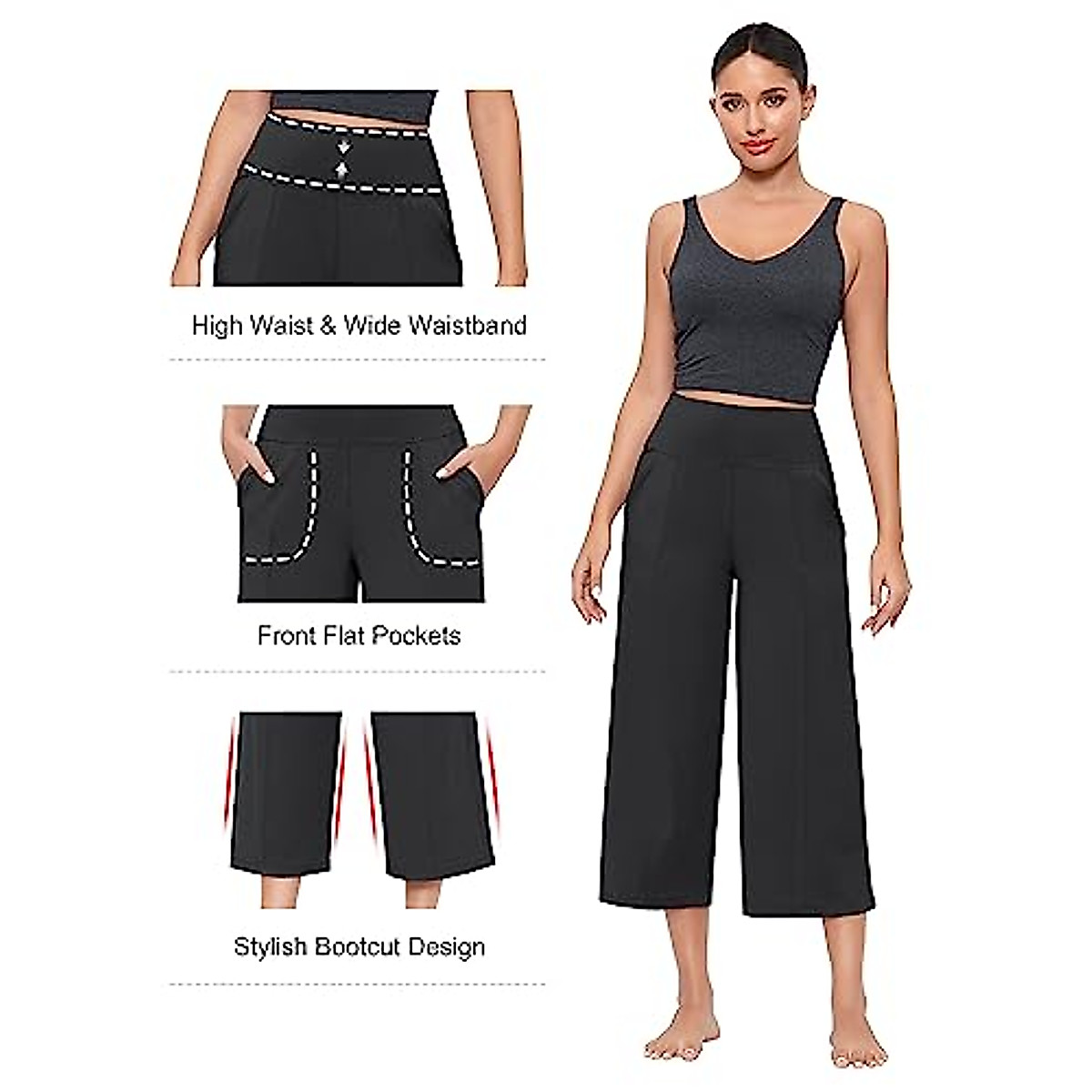 BUBBLELIME Women's Bootleg Yoga Capris Pants High Waist Workout Flare Crop with Pockets - Black_Medium