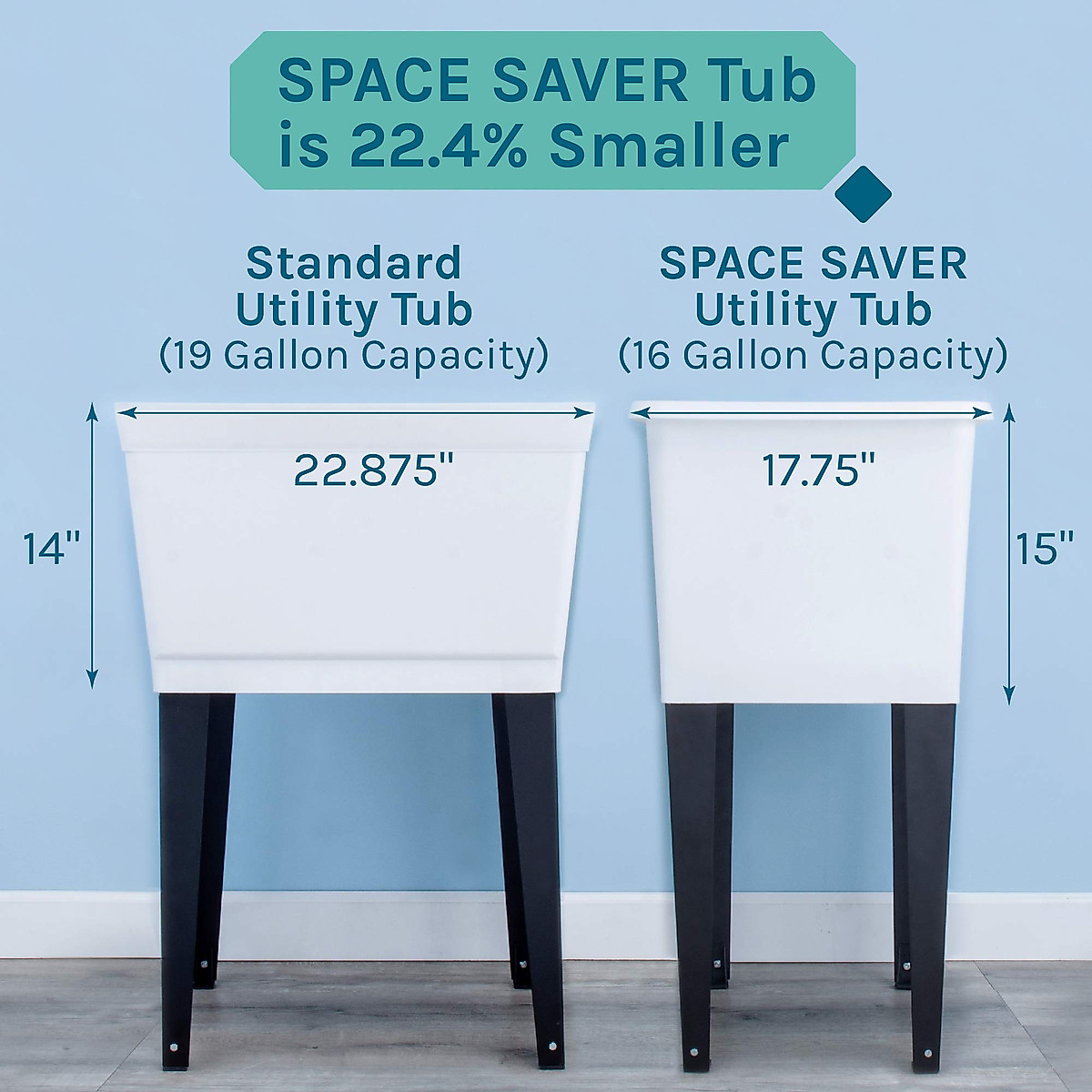 White Space Saver Utility Sink by JS Jackson Supplies, Freestanding Tehila Space Saving Laundry Tub, Black Pull-Out Faucet, Soap Dispenser