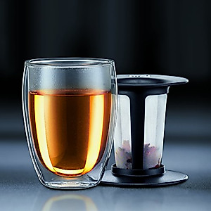 Bodum One Tea Strainer with Pavina Double Wall Glass Set, 12 Oz, Black