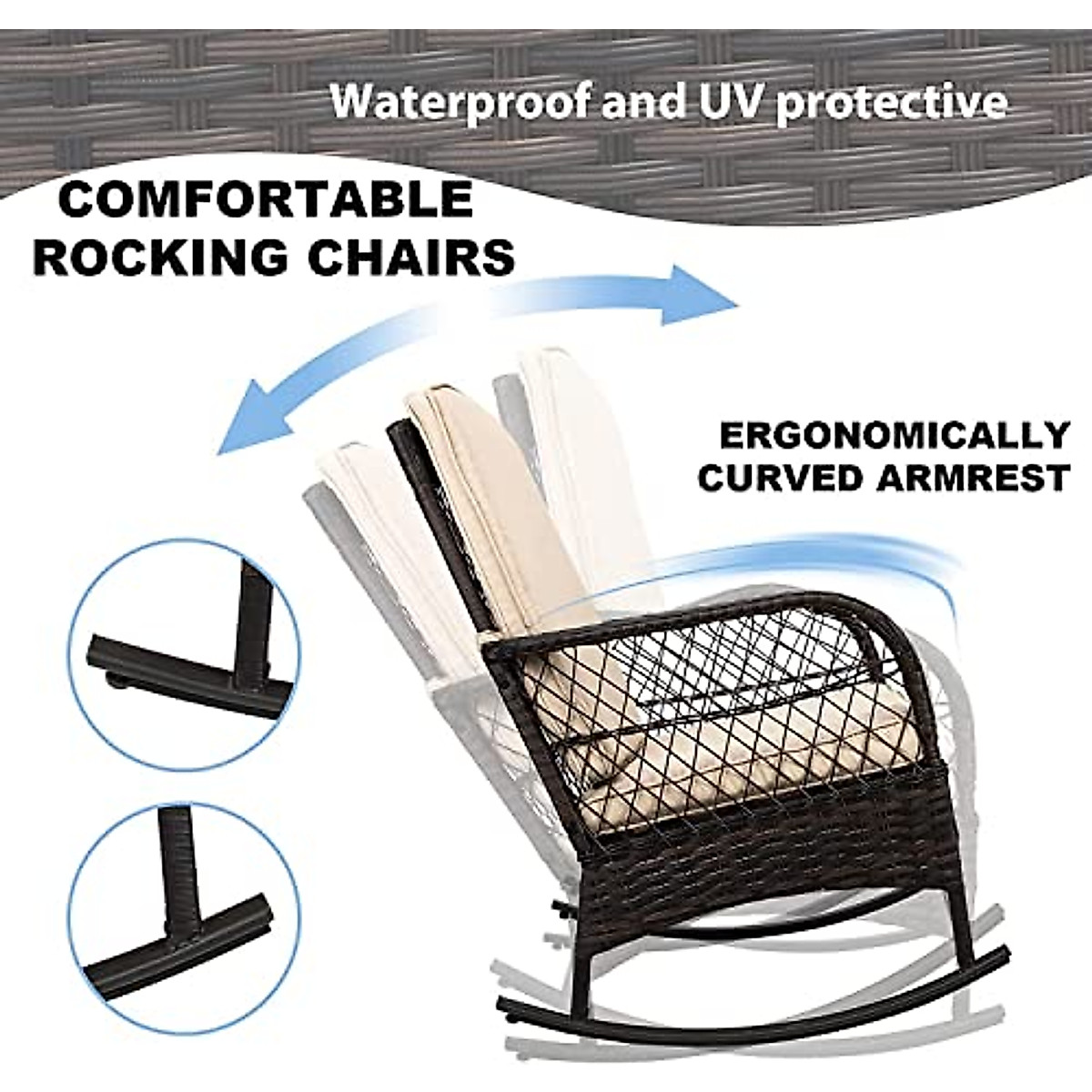LEVELEVE 3 pcs Rocking Bistro Set Conversation Chairs PE Wicker Outdoor Rocking Chairs & Glass Table,for Porch Lawn Garden Backyard Deck