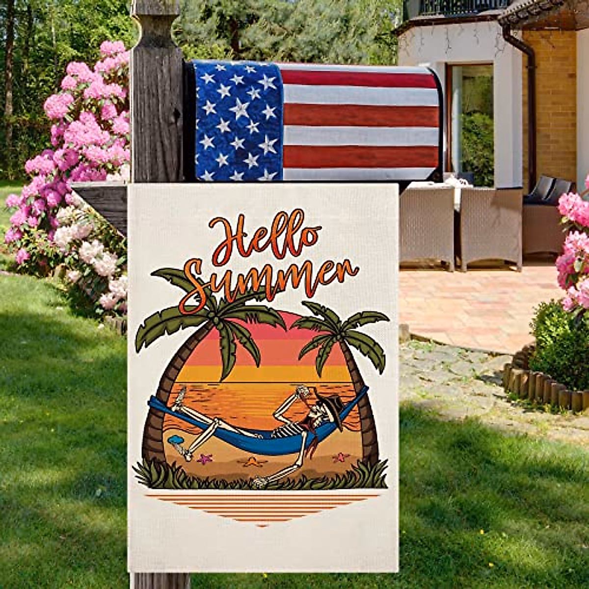 CMEGKE Hello Summer Garden Flag Cool Skull Skeleton Summer Yard Flag Pool Signs Summer Garden Flag Beach Party Vertical Double Sided Burlap Party Holiday Yard Home Farmhouse Outside Decor 12.5 x 18 In