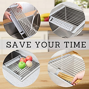 Roll Up Dish Drying Rack, Foldable Silicone-Coated Stainless Steel Dish Drainer for Kitchen, Over The Sink Dish Drying Rack, Gray Multipurpose for Kitchen, Black (RXCEWR)