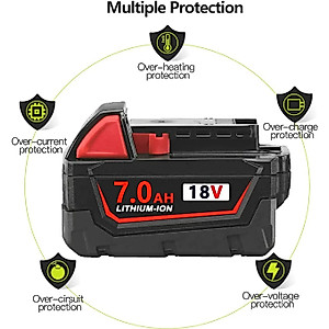 Kulatiom 2 Packs 18V 7000mAh Replacement Battery for Milw M-18 Battery Pack Compatible with Milw M-18 7.0Ah Lithium Battery 48-11-1890,48-11-1850, 48-11-1828, 48-11-1820,48-11-1815 Cordless Tools