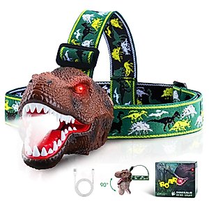 ELLA MAMA Upgraded Rechargeable Dinosaur Headlamp for Kids, Led Flashlight for Boys or Girls Outdoor Camping Gear, Roar & Silent Mode- Ideal Gift for Birthday, Halloween, Christmas