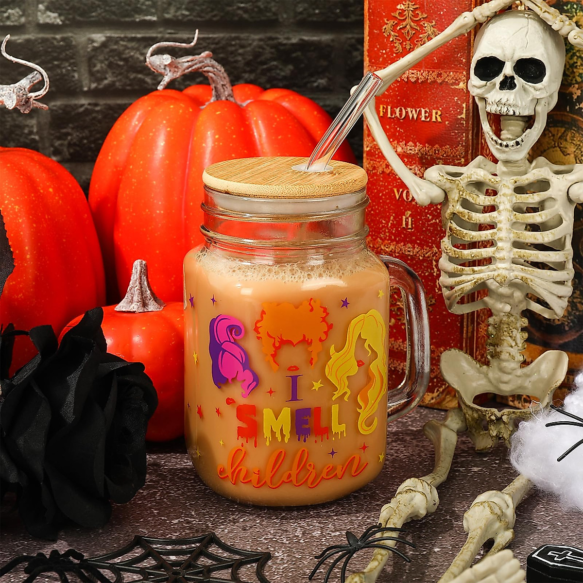 Whaline Halloween Mason Jar Mug with Handle 18oz Hocus Pocus Mason Jar Drinking Glasses Halloween Witch Ice Coffee Cups Glass Mugs Tumbler with Lid and Straw for Iced Coffee Tea Soda Cocktail Gifts