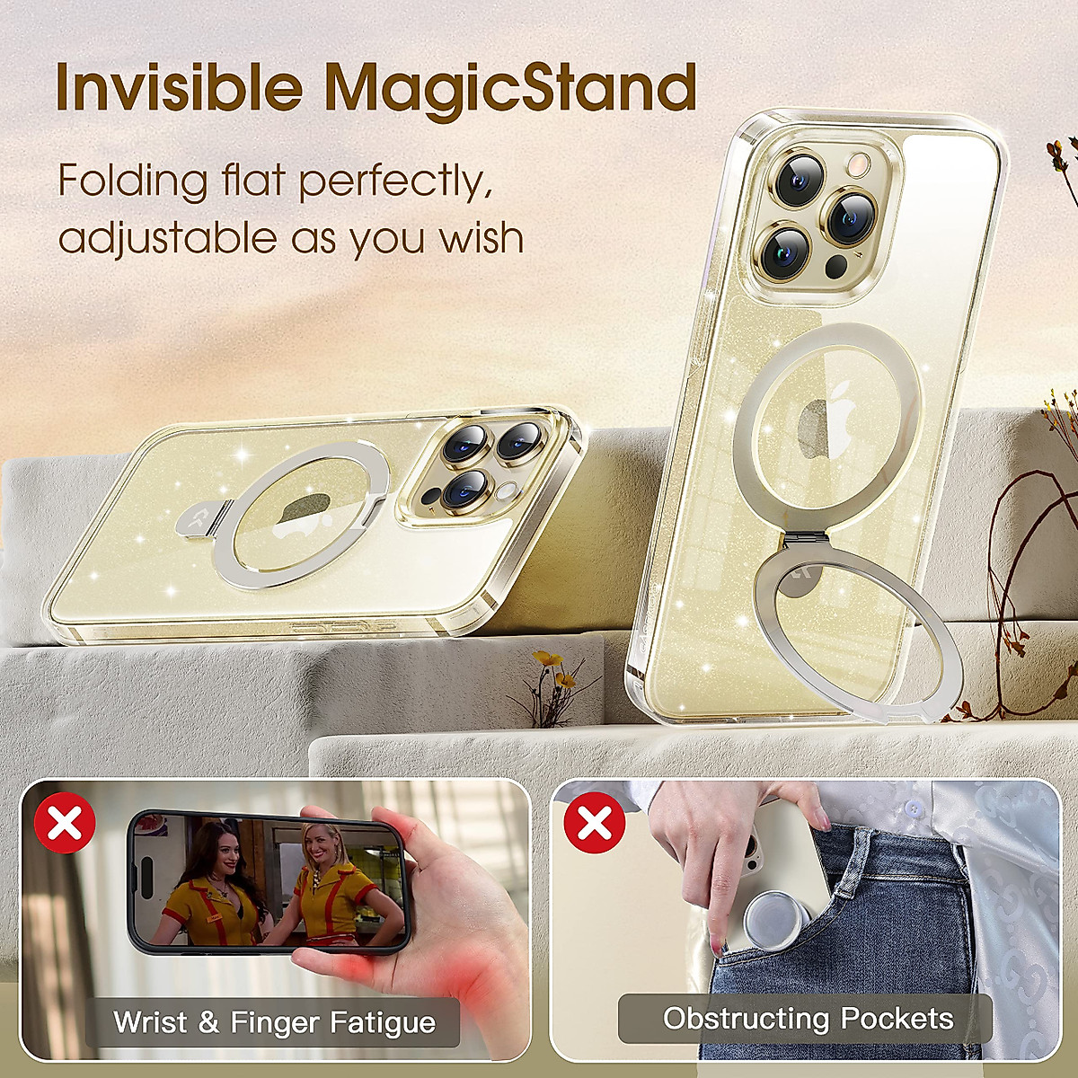 CASEKOO Genuine Official for iPhone 13 Pro Max Case with Magnetic Ring Stand [Compatible with MagSafe] [16FT Military-Grade Protection] Shockproof Twinkle Star Phone Grip Cover 6.7'', Sparkle Glitter