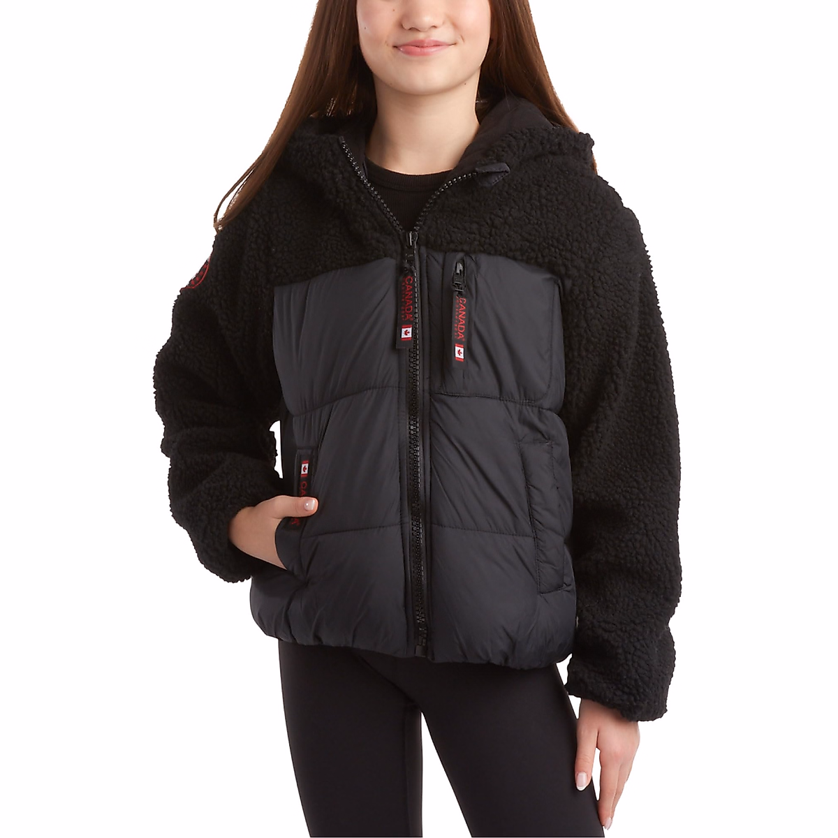 CANADA WEATHER GEAR Girls' Jacket - Sherpa Lined Puffer Coat with Hood (Size: 4-16), Size 7-8, Black
