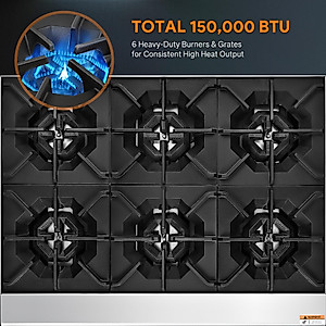 WILPREP Countertop Gas Range, 6 Burner Commercial Hot Plate with Total 150000 BTU, 36" Natural Gas Range with Propane Conversion Kit Grates, Stainless Steel Gas Stove for Restaurant Kitchen