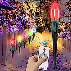 Erysxury C9 Pathway String Lights, 24.2 FT with Remote Control, 21 Multicolored Bulbs,20 Stakes, 4 Light Modes, Timing Mode, 5 Color Lights, Decorative Path Lights for Holiday Garden Decor