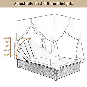 VilroCaz Outdoor Rattan Daybed Patio Wicker Sunbed with Canopy/Overhead Curtains/Cushions, Wicker Patio Sofa Set with Adjustable Seats for Lawn Garden Backyard Poolside (Beige Cushions)