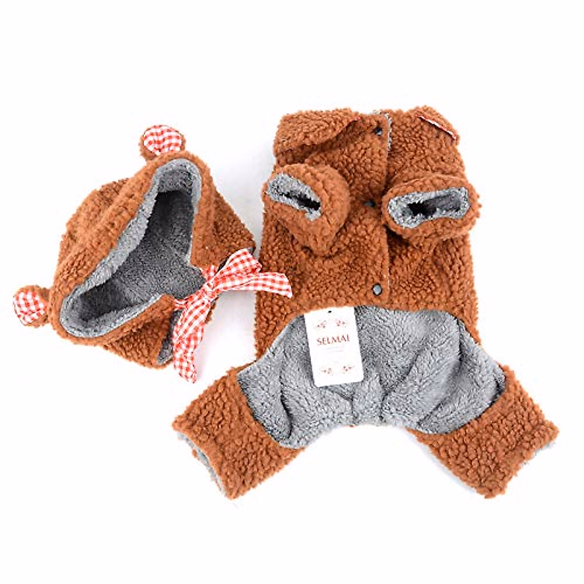 SELMAI Soft Fleece Dog Winter Coat Four Legs Cute Bear Design Removable Hat Warm Pet Clothes for Small Medium Dogs Cats Apparel for Puppy Comfy Chihuahua Jumpsuit Cold Weather Solid Color Brown XL