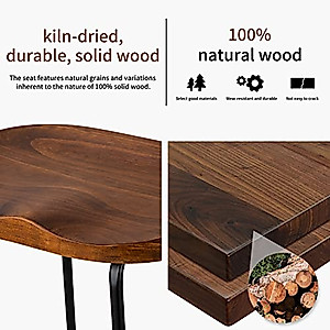 HeuGah Bar Stools, Solid Wood Barstools Set of 2, 30" Bar Height Bar Stools with Metal Leg, Rustic Backless Bar Stools for Kitchen Island, Bar Chairs with Solid Wood Saddle Seat (Walnut, 30 Inch)