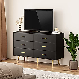 RESOM Black 6 Drawer Dresser for Bedroom, Wooden Black Double Dresser with Gold Handles, Modern Chest Dresser with Deep Drawers for Living Room, Hallway