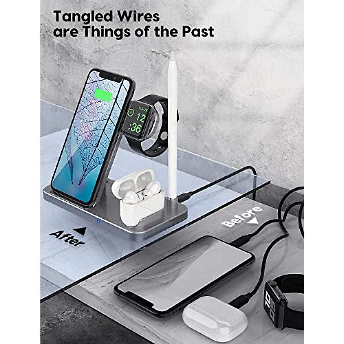 4 in 1 Wireless Charging Station,2021 Upgraded Fast Charging Dock Stand for iWatch Series 7/6/SE/5/4/3/2, AirPods & Pencil, Compatible with iPhone13/12Pro/11/XS/XR/8/Samsung