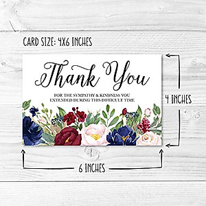 24 Navy Burgundy Floral Sympathy Thank You Cards With Envelopes, Bereavement Funeral Thank You Note, Condolence Gratitude Supplies, Personalized Religious Military Memorial With Message Stationery