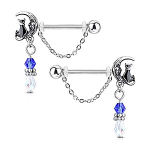 Pierced Owl 14GA Cat and Crescent Moon with Bead Chain Dangle Nipple Barbells, Sold as a Pair