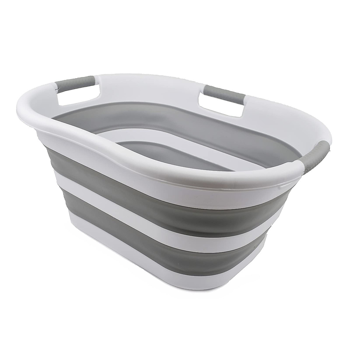 SAMMART 40L (10.5 Gallon) Collapsible Plastic Laundry Basket - Foldable Pop Up Storage Container/Organizer - Portable Washing Tub - Space Saving Hamper/Basket (1, White/Grey)