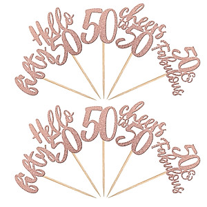 30PCS 50th Birthday Cupcake Toppers Glitter Fifty Hello 50 Cupcake Picks Cheers to 50 Fabulous Cake Decoration for Happy 50th Birthday Wedding Anniversary Party Decorations Supplies Rose Gold