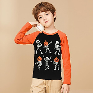 Boys Girls Halloween Shirt Glow-in-The Dark Dancing Skeletons Dance Challenge Kids Halloween Outfit Long Sleeve Pumpkin T-Shirts Size 8 Years