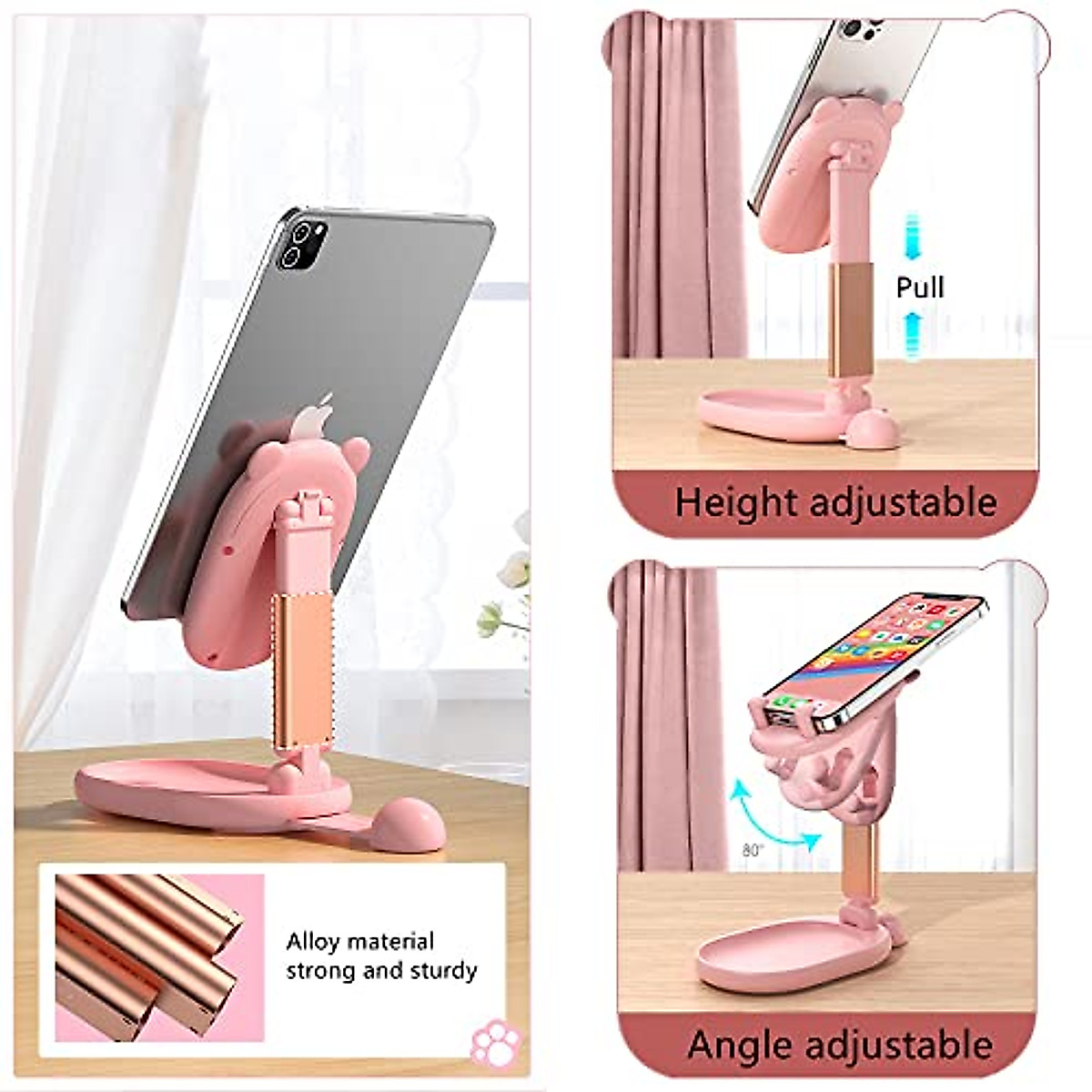 SOARCHICK Cute Bear Foldable Phone Stand for Desk Portable Cell Phone Holder with Makeup Beauty Mirror Adjustable Height Angle Kawaii Office Supplies Pink Desk Accessories for Women Girls Gifts