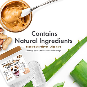 Petkin Fingertip Tooth Wipes for Dogs and Cats, 50 Finger Wipes - Slip-On, Snug Fit, Micro-Bristle Fabric - Cleans Teeth, Gums, Plaque & Tartar - Convenient, Ideal for Home and Travel - Peanut Butter