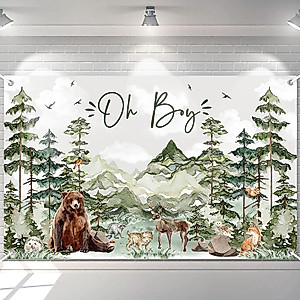 Avezano Oh Boy Backdrop Forest Adventure Baby Shower Photography Background Mountain Wilderness Woodland Baby Shower Decorations Watercolor Greenery Forest Party Photoshoot Banner 70.8 x 43.3 Inch
