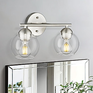 Emak Brushed Nickel Vanity Lights, 2-Light Bathroom Light Fixtures with Clear Glass Shade, Modern Globe Vanity Light for Bathroom, VL114-BN-2